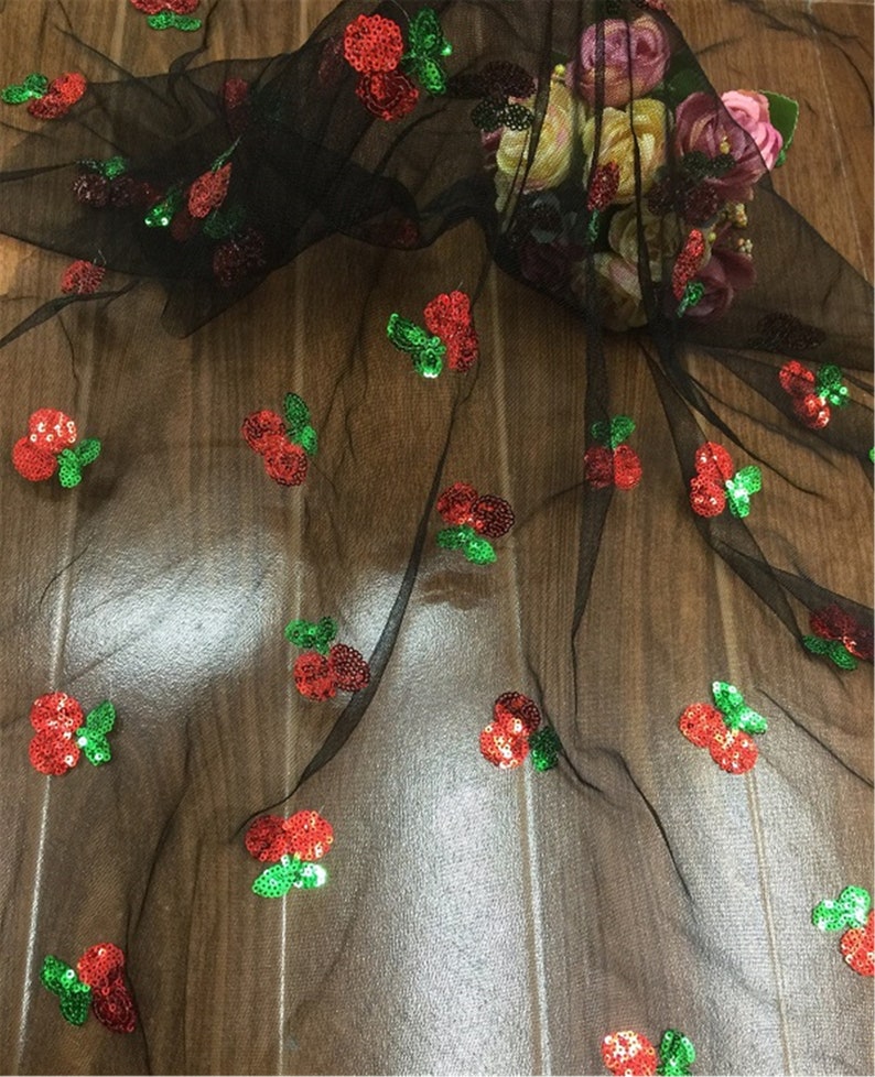Cute Cherry Lace Fabric Sequins Lace Fabric Sequins Cherry | Etsy