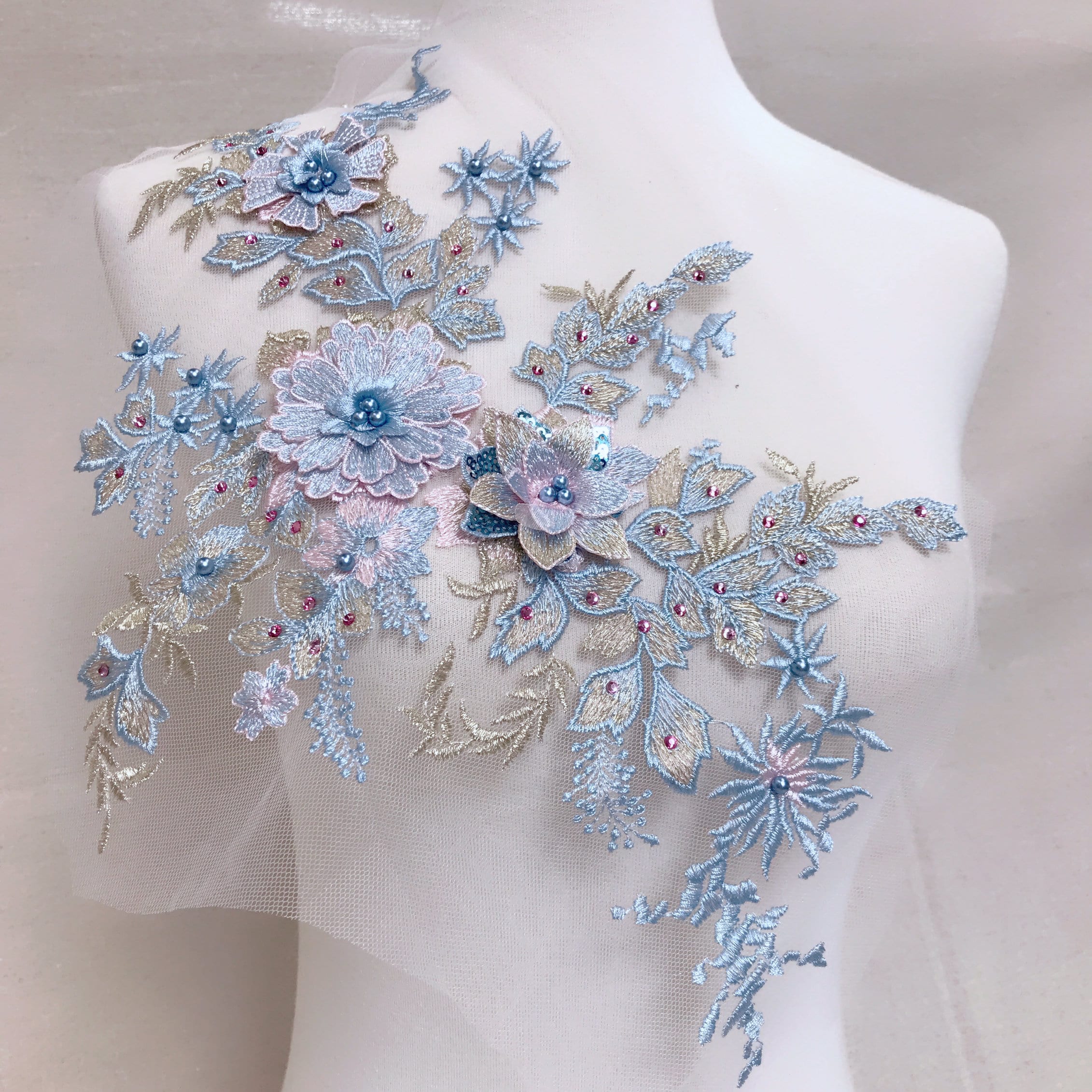 Blue & Gold 3D Applique Multi-layers Flowers Beaded Applique | Etsy