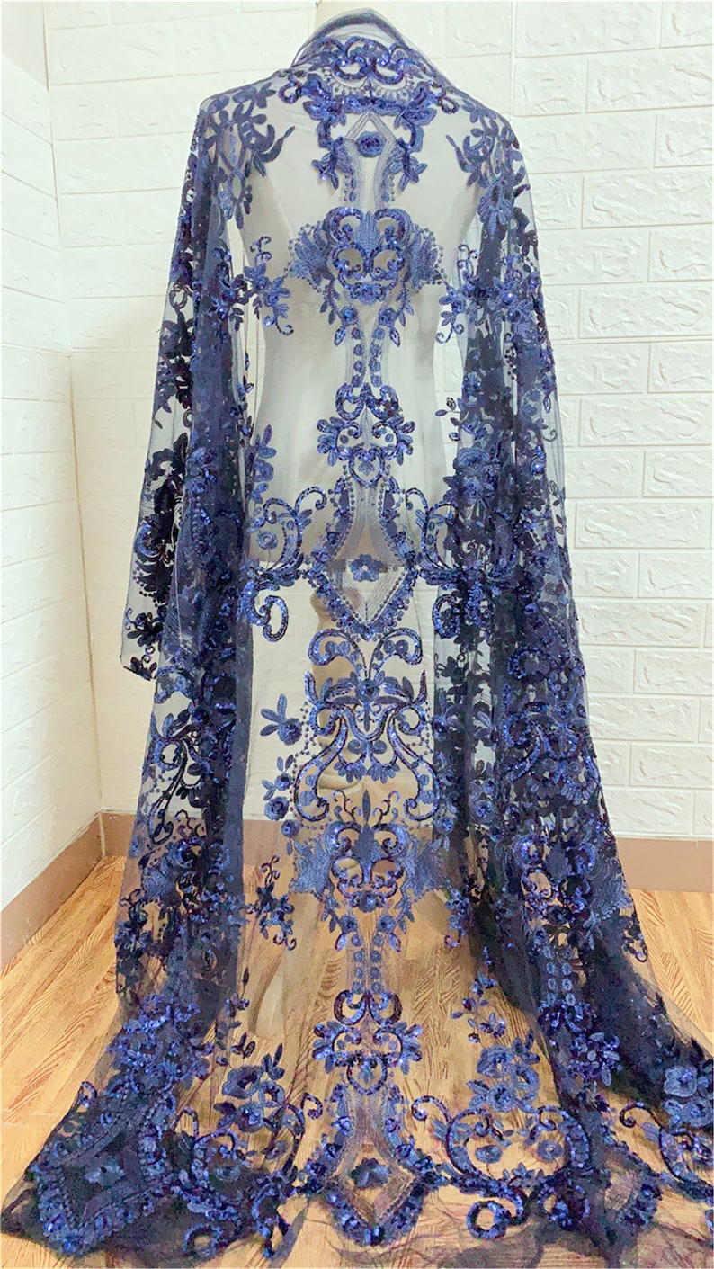 Navy Blue Sequins Lace Fabric, High Quality Fashion Sequin Embroidery ...