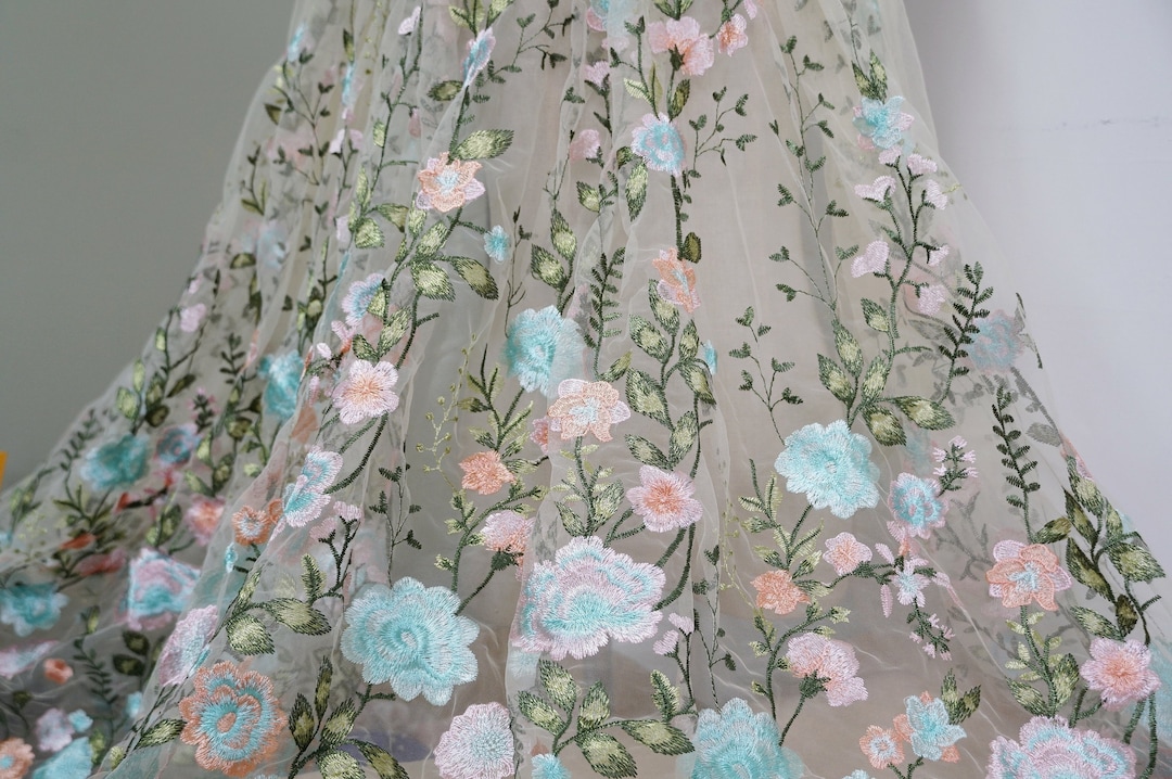Pretty Blue Floral Embroidery Fabric, Colorful Flower Leaf Embroidered ...