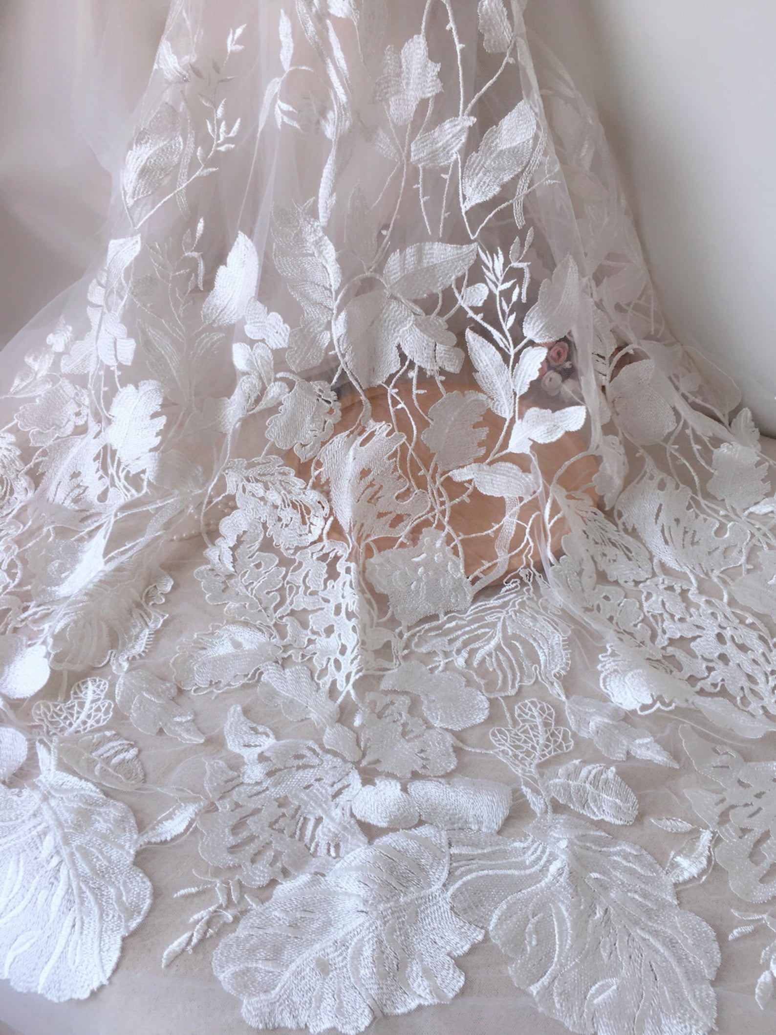 Ivory Leaf Floral Embroidered Lace Gauze Tulle Fabric for - Etsy