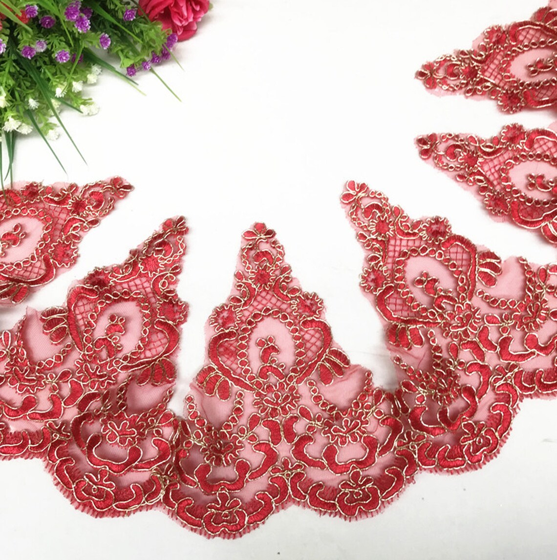 Red Gold Alencon Lace Trim Red Lace Trim with Gold Thread | Etsy