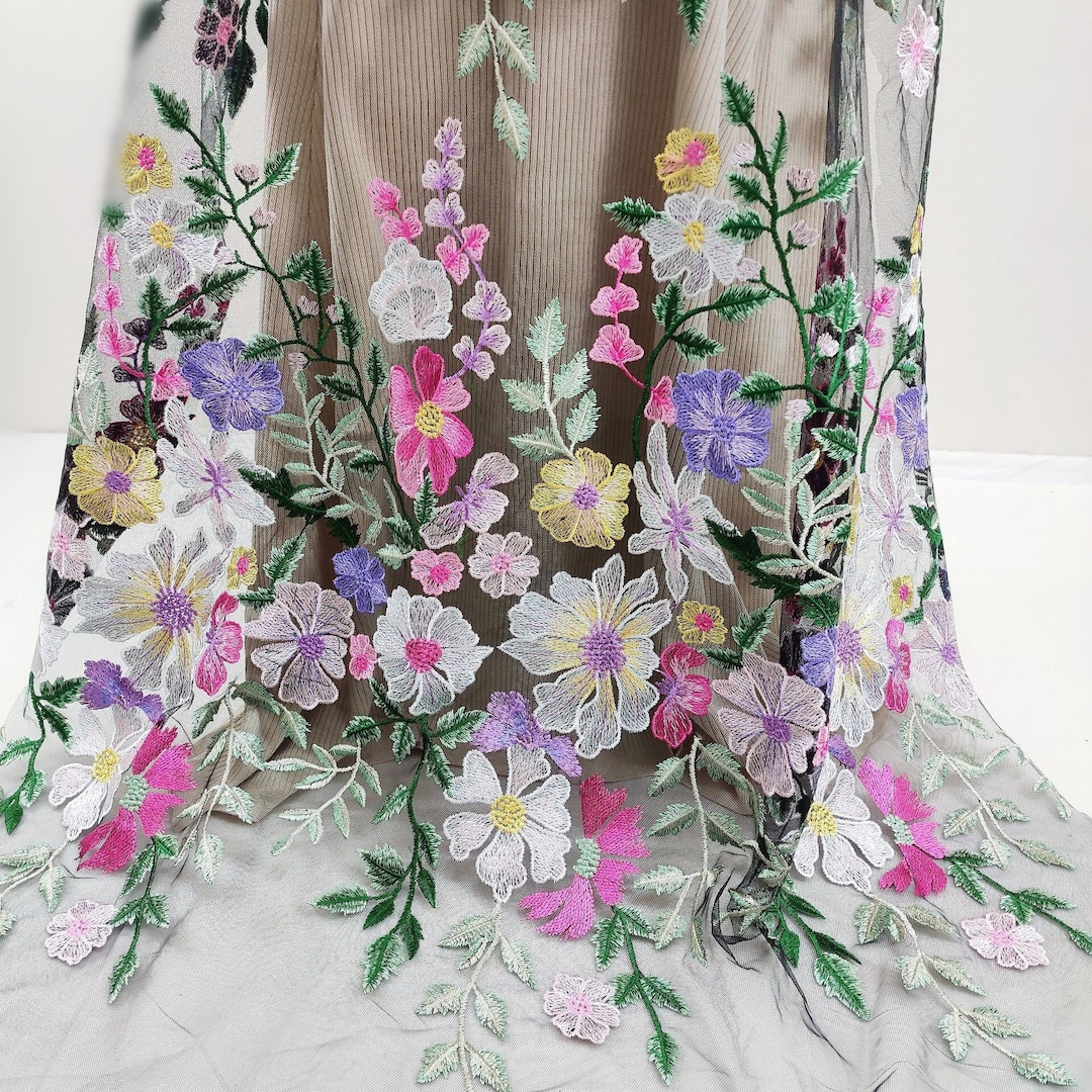 Beautiful Floral Embroidery Tulle Fabric, Flowers and Leaves Soft Tulle ...