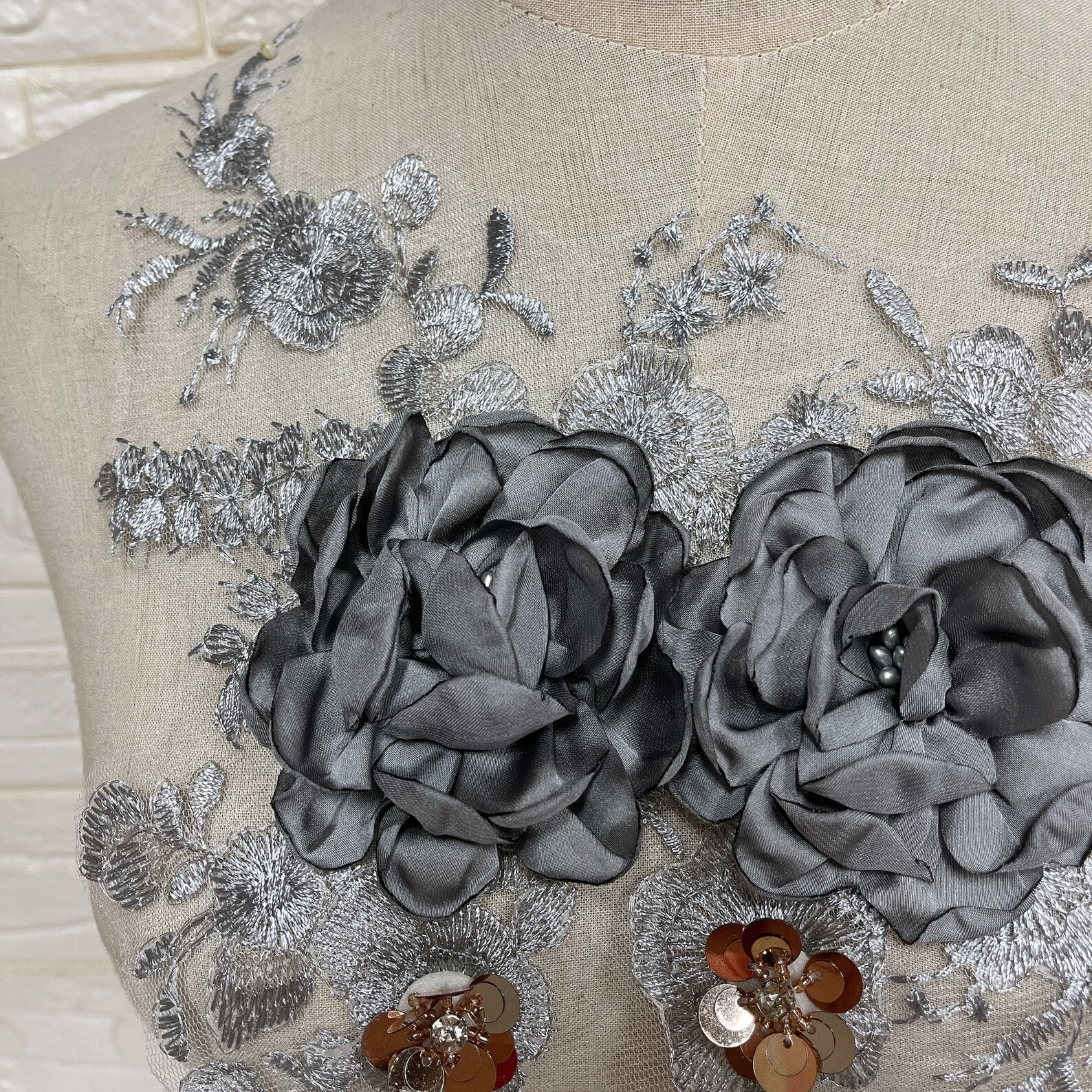 Gorgeous 3d Large Silk Flower Embroidery Lace Applique, Smoky Gray ...