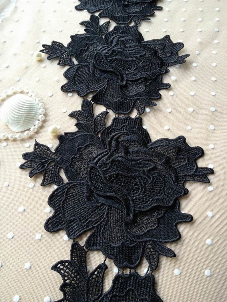 Black Lace Trim, Venice Black Rose Lace Trim, Black Roses Applique Trim ...