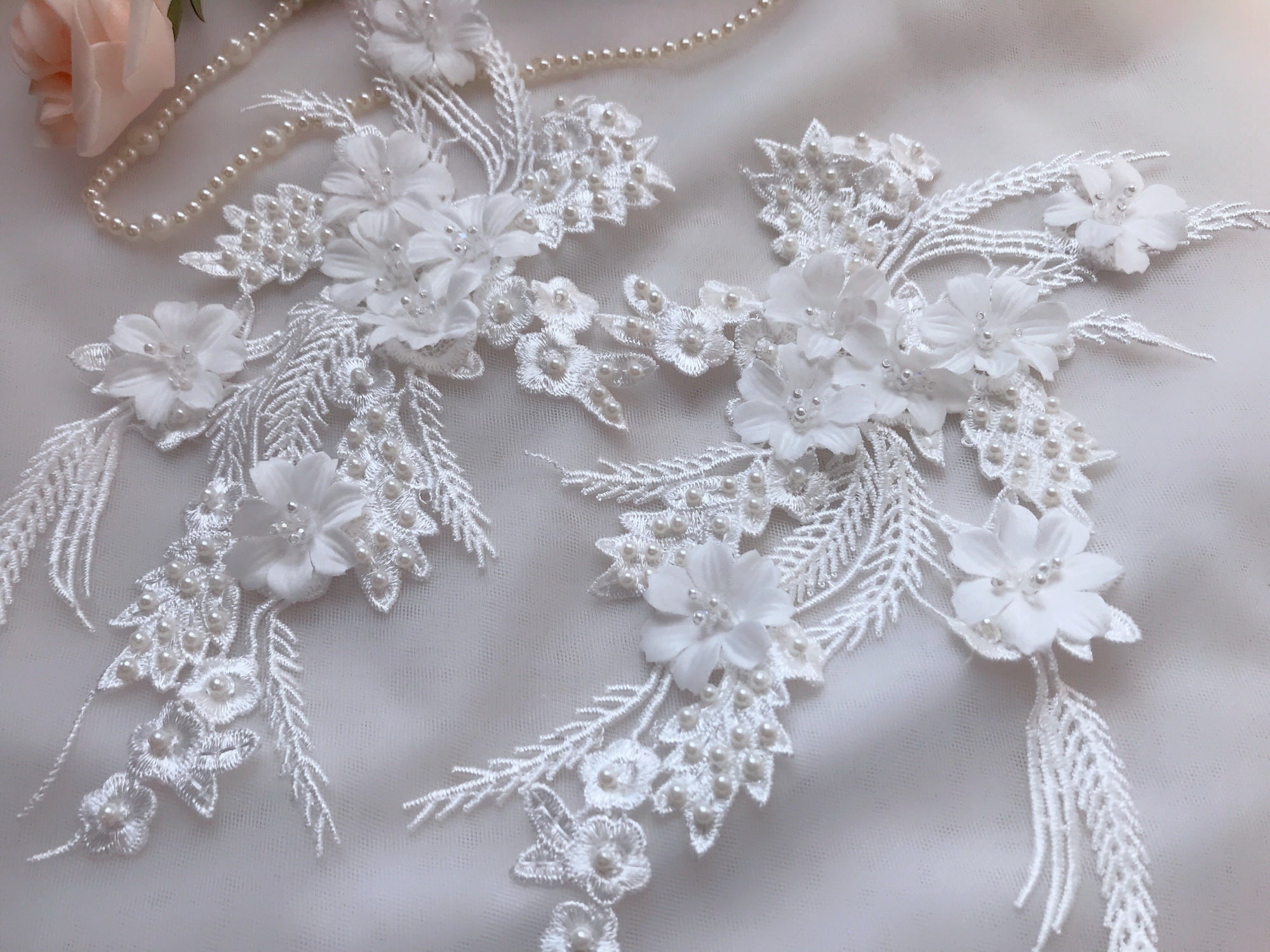 Delicate White Applique, 3D Flowers With Pearls Applique Pairs for ...