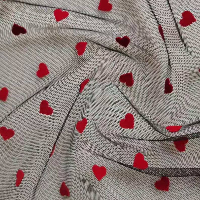 Red Heart Fabric Flocked Heart Tulle Lace Fabric | Etsy