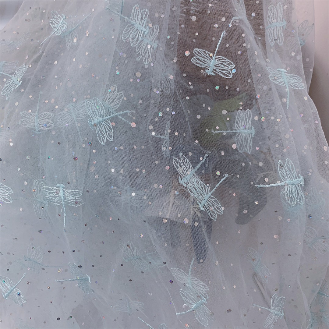Exquisite Mesh Embroidery, Dragonfly Pattern Lace Fabric, Embroidered ...