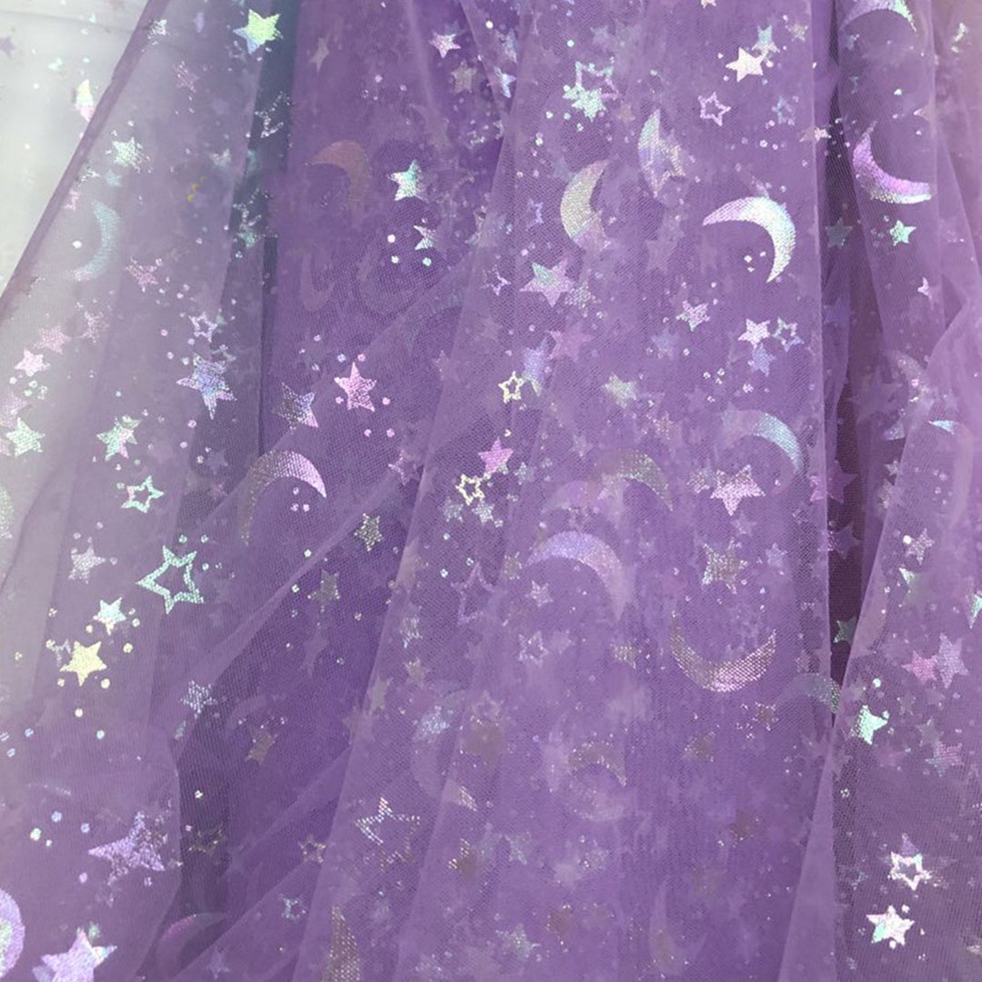 Illusion Colorful Stars Moons Print Lace Fabric, Iridescent Starry ...