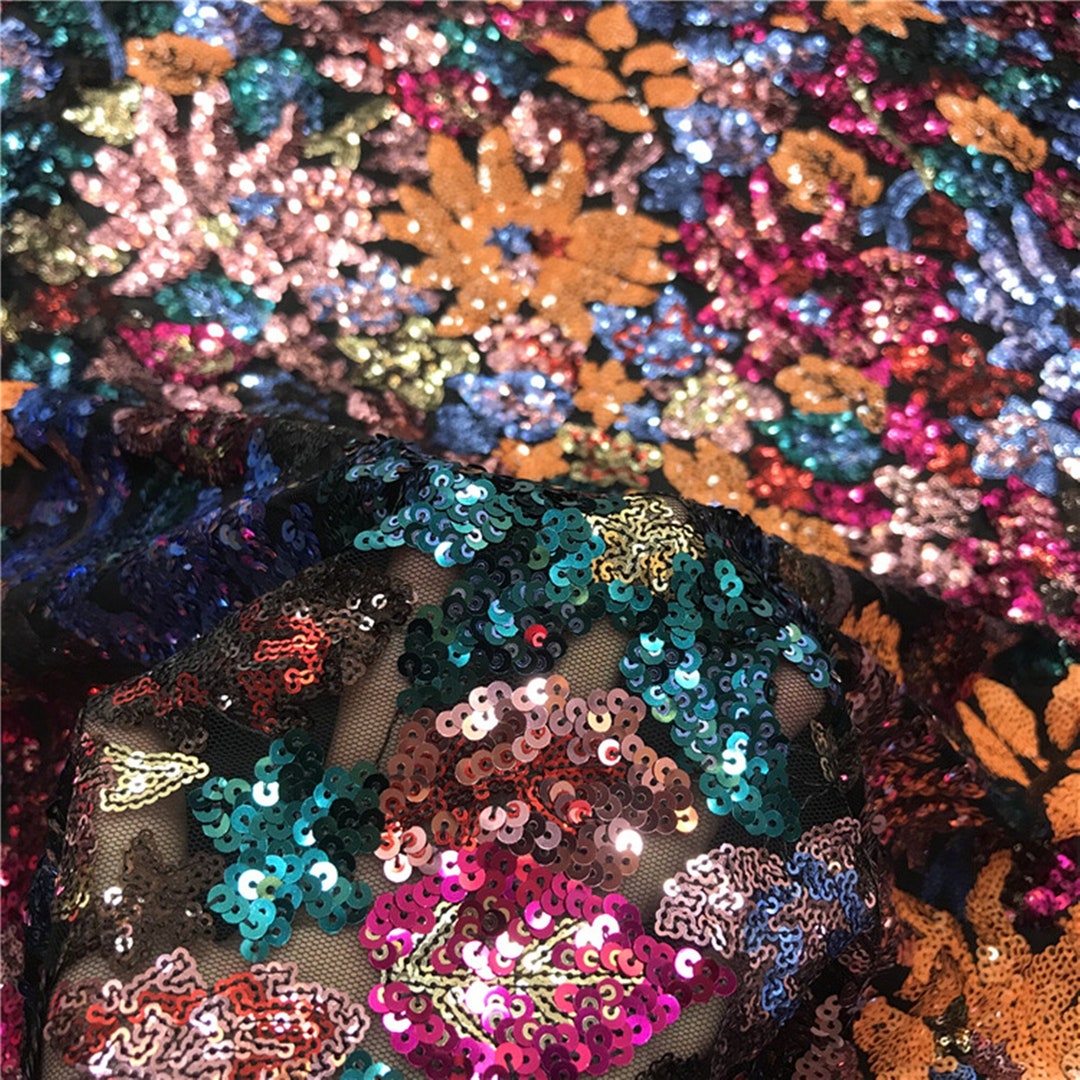 Colorful Sequins Fabric, Sequins Floral Leaf Motif Mesh Fabric for ...