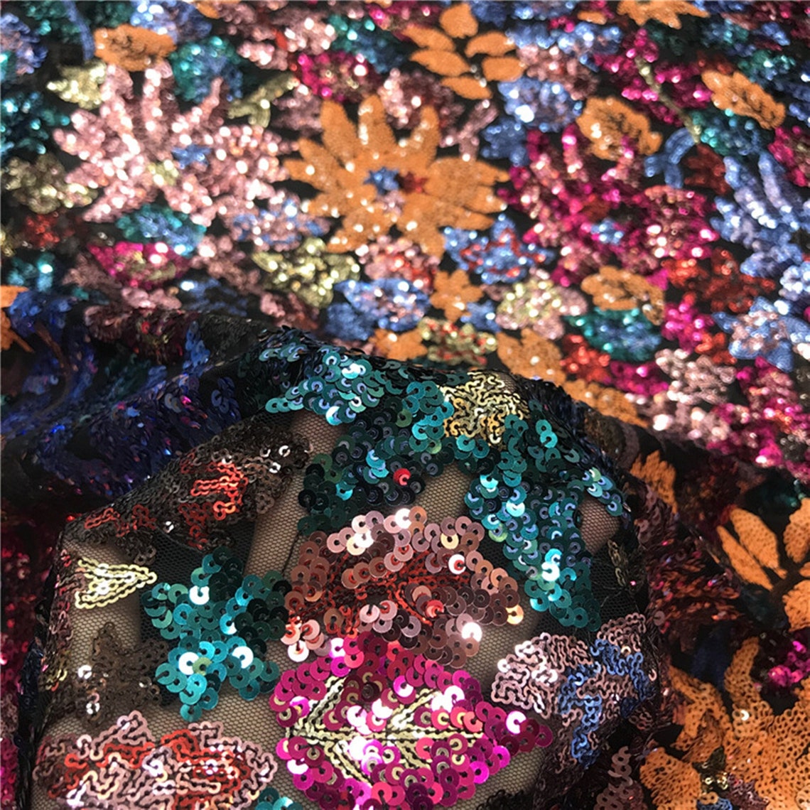 Colorful Sequins Fabric, Sequins Floral Leaf Motif Mesh Fabric for ...