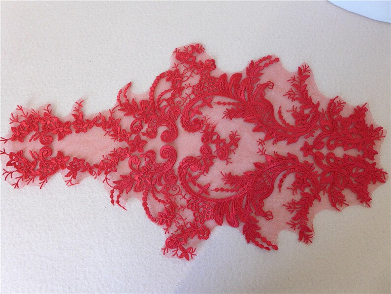 Embroidery Lace Applique, Red Lace Applique Trim, Mesh Lace Neckline ...