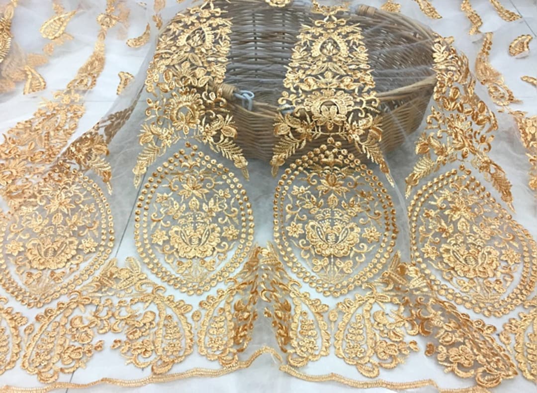 Exquisite Gold Lace Fabric, Golden Embroidery Mesh Lace Fabric, Soft ...