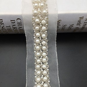 Ivory Pearls Beaded Lace Trim, Pearls Beading Trim, Bridal Sash Lace ...