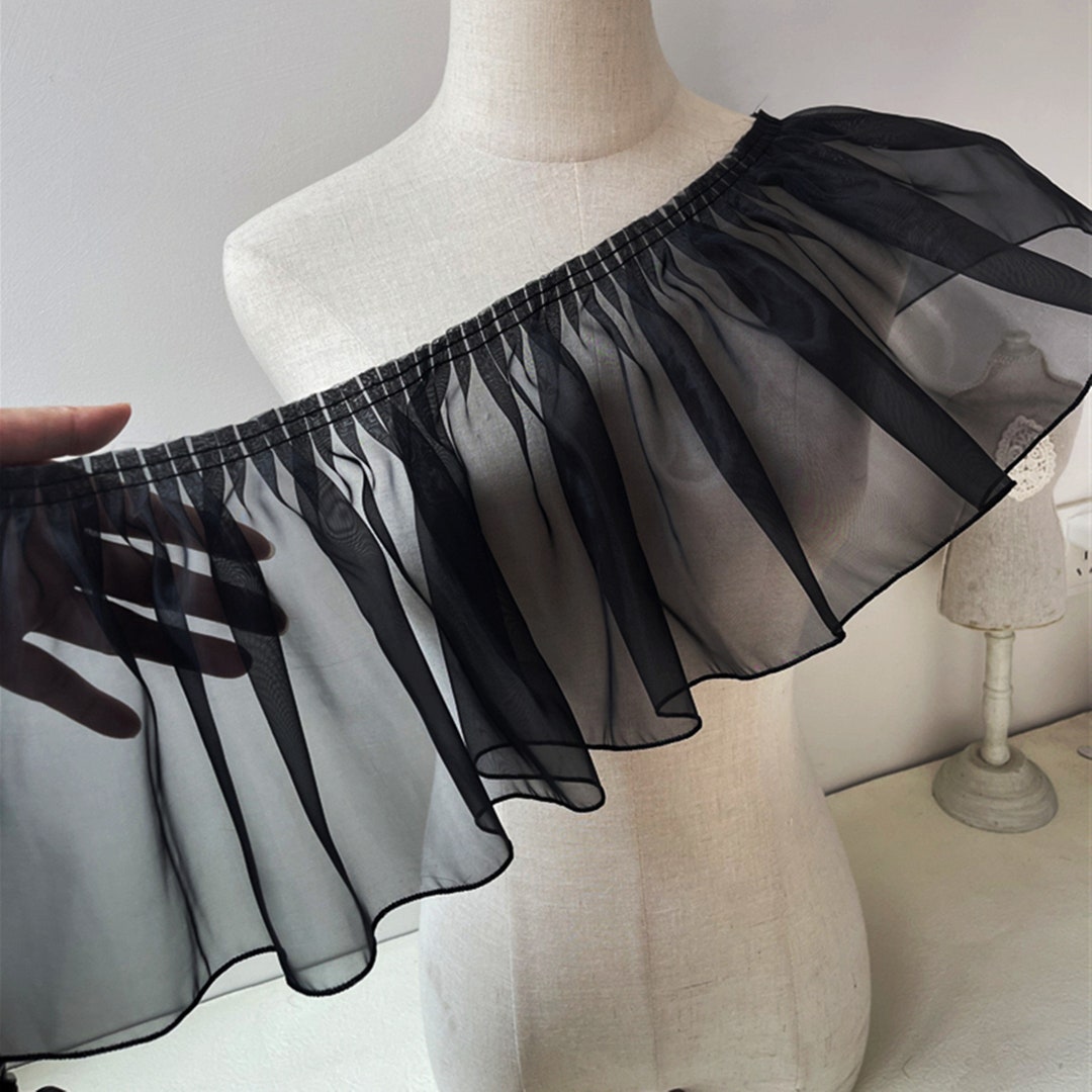 7.87" Wide Ruffle Black Lace Trim, Organza Ruffle Lace Trim, Pleated ...