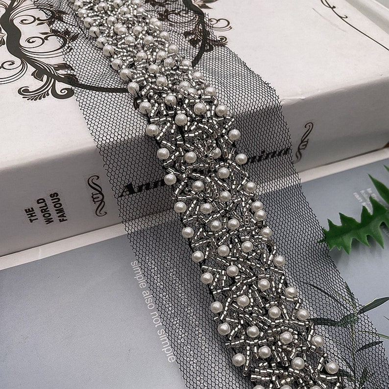 Wide Beaded Trim, Beaded Mesh Trim, Beaded Lace Trim, Pearl Beaded Trim ...