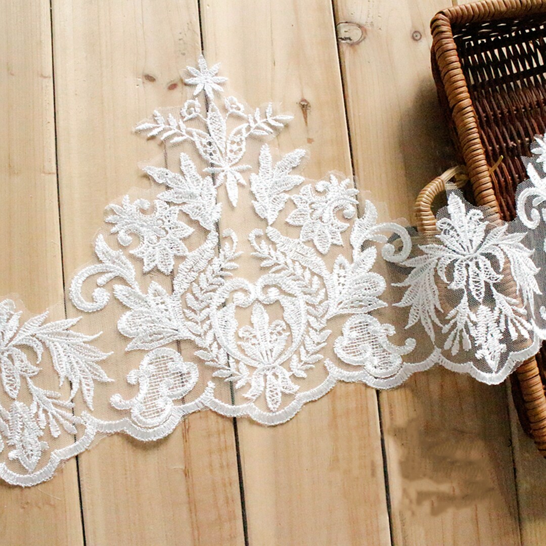Elegant Floral Embroidered Lace Trim, Scalloped Mesh Lace Trim for ...
