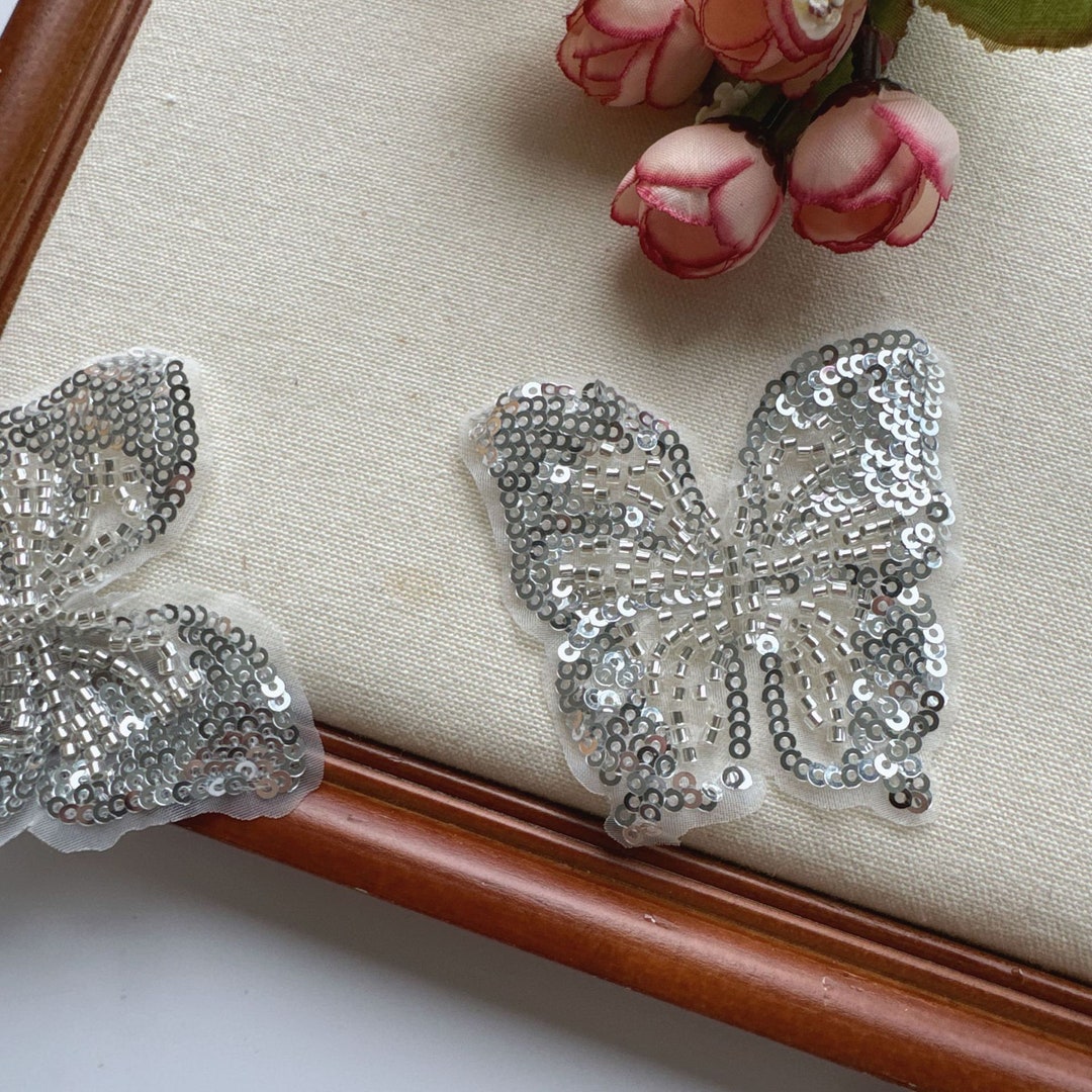 Cute Silver Beaded Butterfly Applique, Sequins Embroidery Butterfly for ...