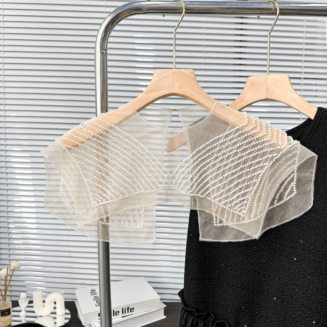 Elegant Lace Pearl Beaded Collar, Champagne Transparent Tulle Lace for ...