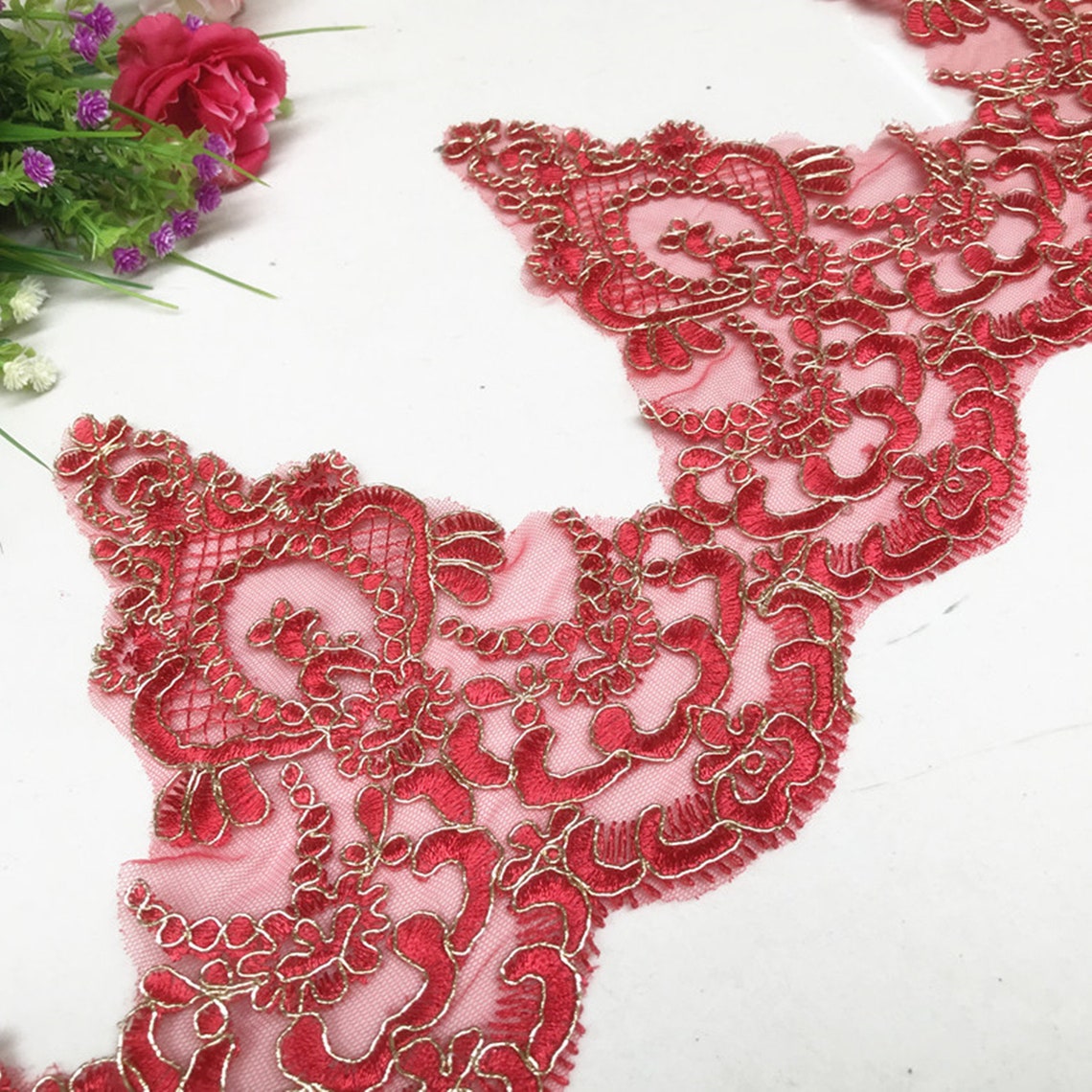Red Gold Alencon Lace Trim Red Lace Trim with Gold Thread | Etsy