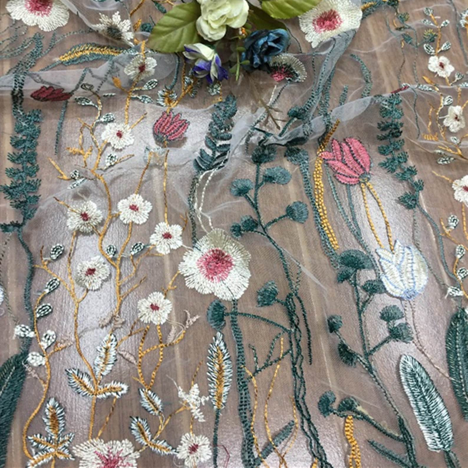 Delicate Colorful Floral Embroidered Lace Fabric Heavy | Etsy