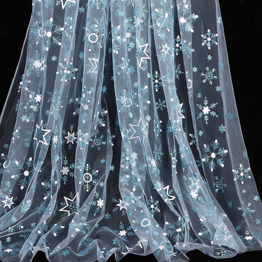 Light Blue Star Mesh Tulle Fabric, Blue Star Snowflake Glitter Tulle ...