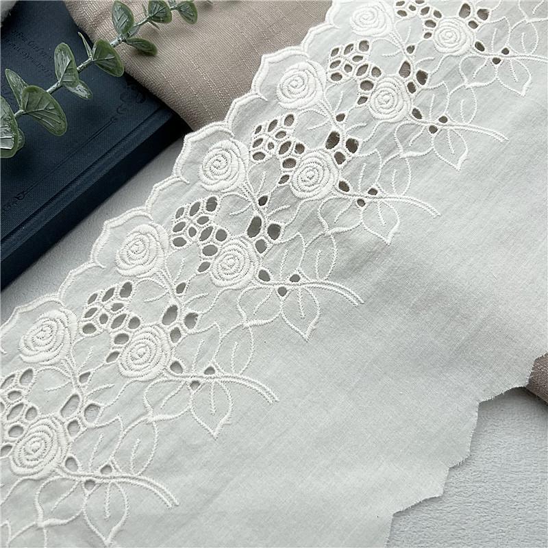 6.3" Wide Pretty Rose Flower Embroidered Cotton Trim, Eyelets Scalloped ...