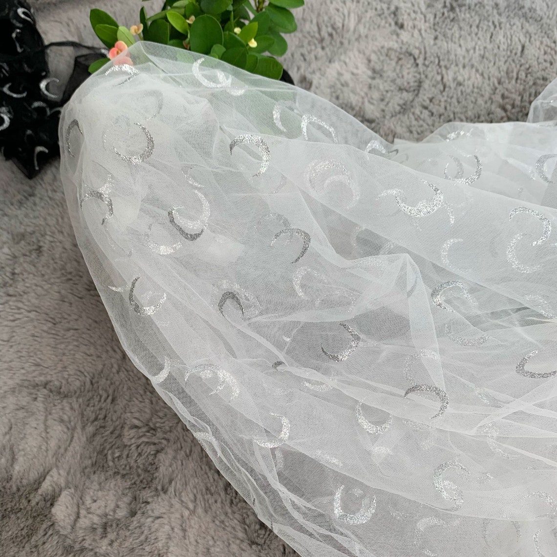 Glitter half moon tulle lace fabric print silver moon lace | Etsy
