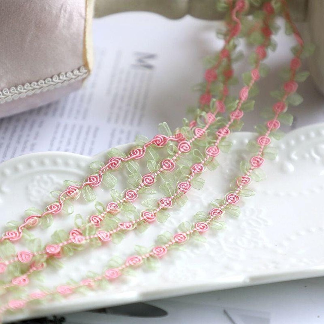 3 Yards Pink Rose Flower Trim, Cute Style Leafs Floral Mesh Lace Trim ...