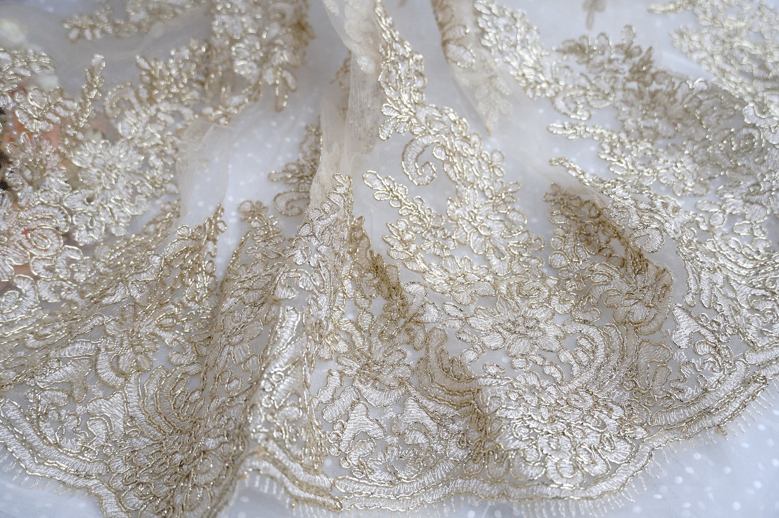 Gold Lace Fabric, Alencon Lace Fabric, Gorgeous Gold Corded Embroidery ...