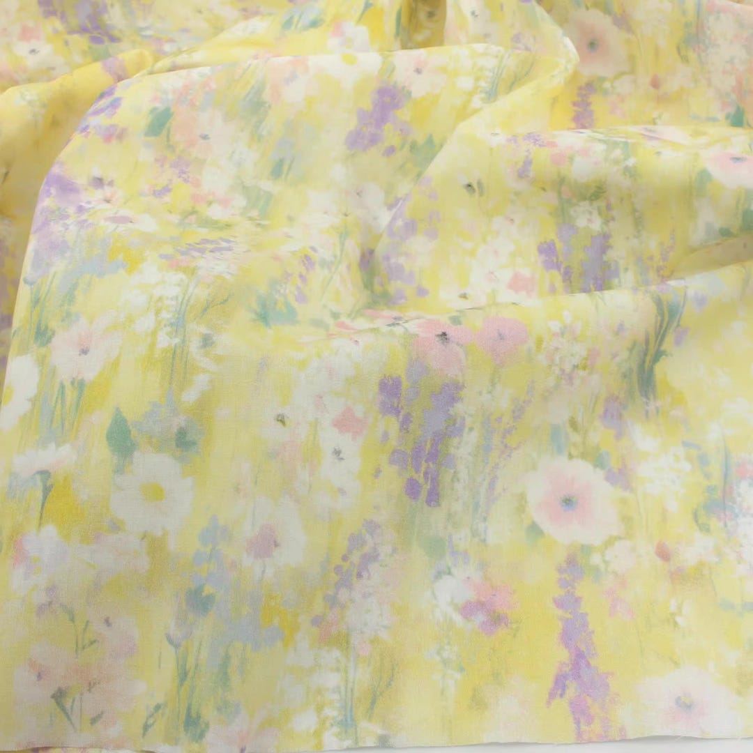 Lemon Yellow Abstract Flower Print Cotton Fabric, Artistic Painting ...