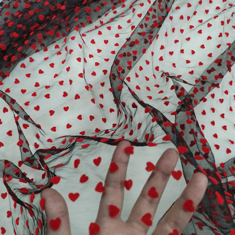 Red Heart Fabric Flocked Heart Tulle Lace Fabric | Etsy