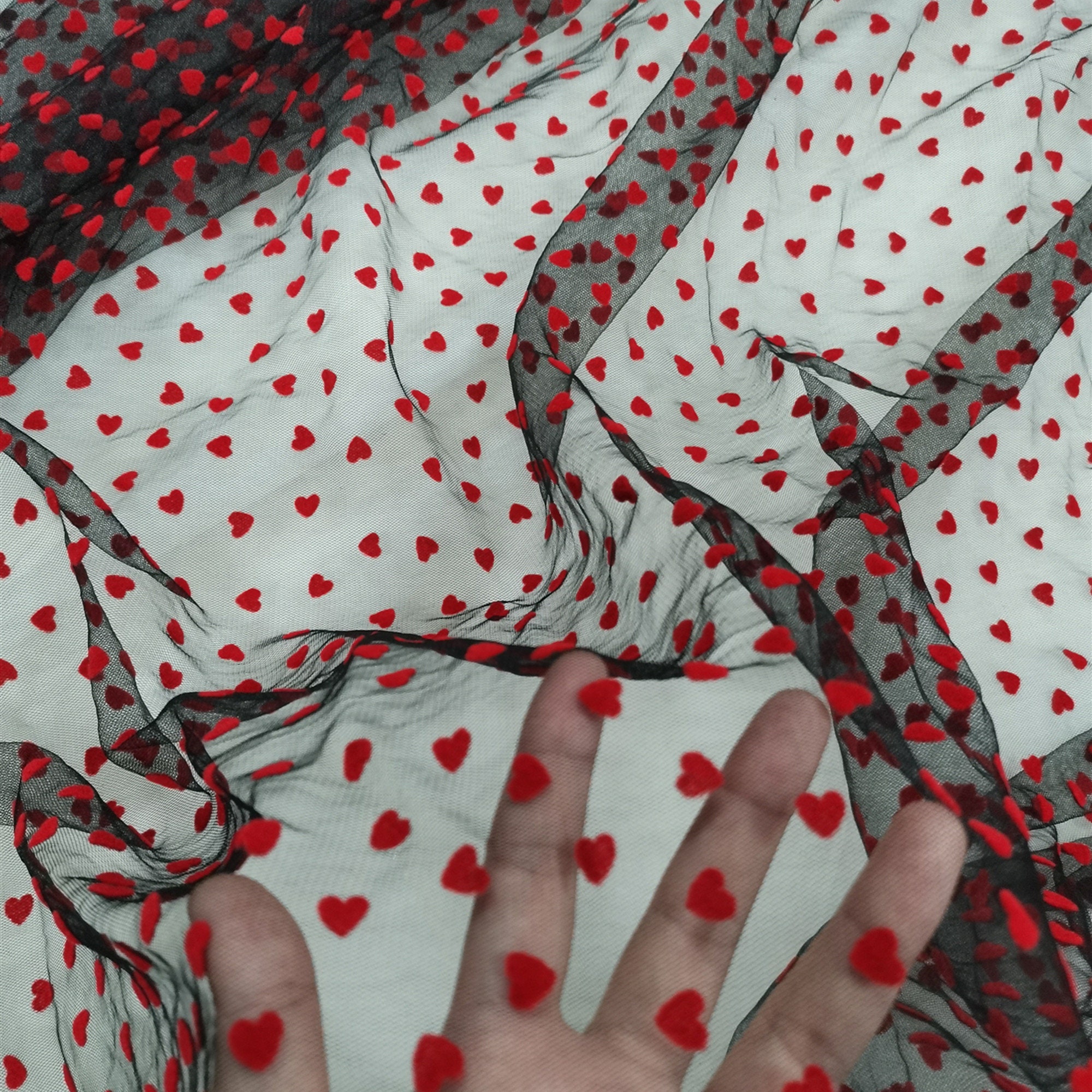 Red Heart Fabric Flocked Heart Tulle Lace Fabric | Etsy Red Heart Fabric Flocked Heart Tulle Lace Fabric | Etsy