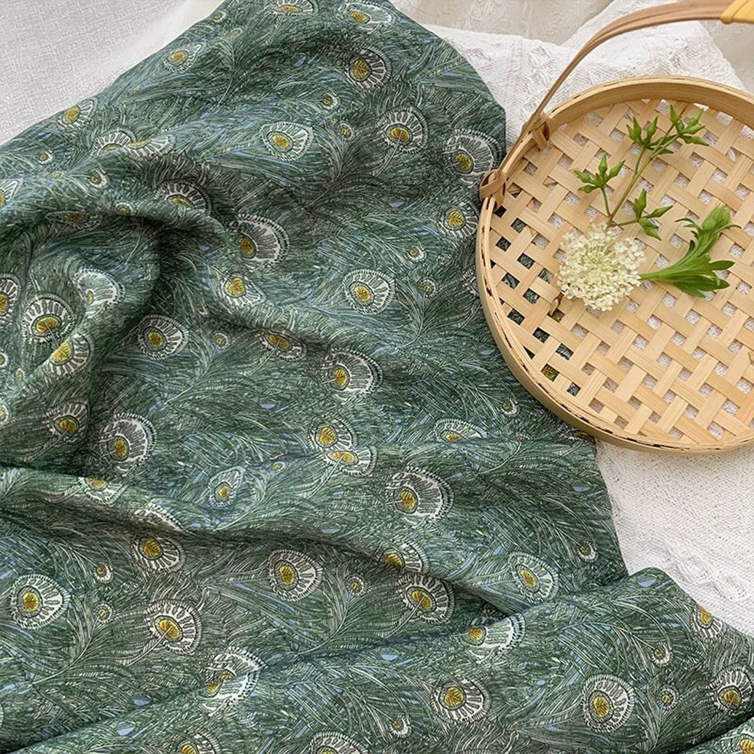 Green Abstract Print Fabric, Retro Style Fabric, Soft Comfortable Linen ...