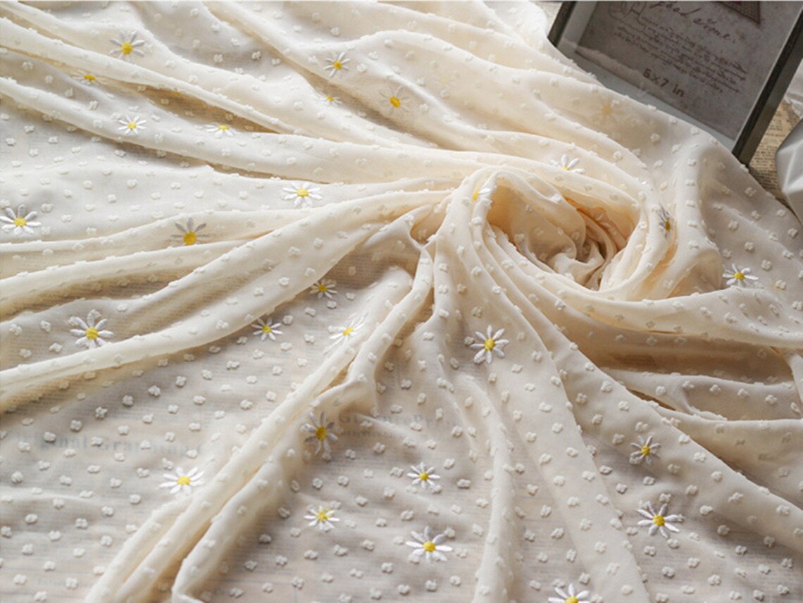 Delicate Beige Chiffon Fabric, Daisy Fabric, Polka Dot Chiffon Lace ...