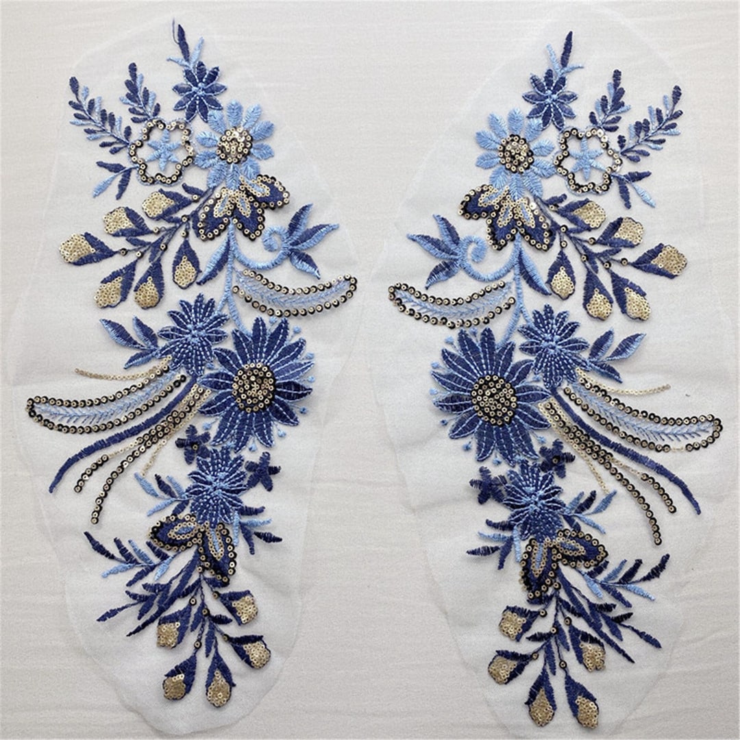 1 Pair, Unique Blue Flower Applique, Embroidery Floral Applique With ...