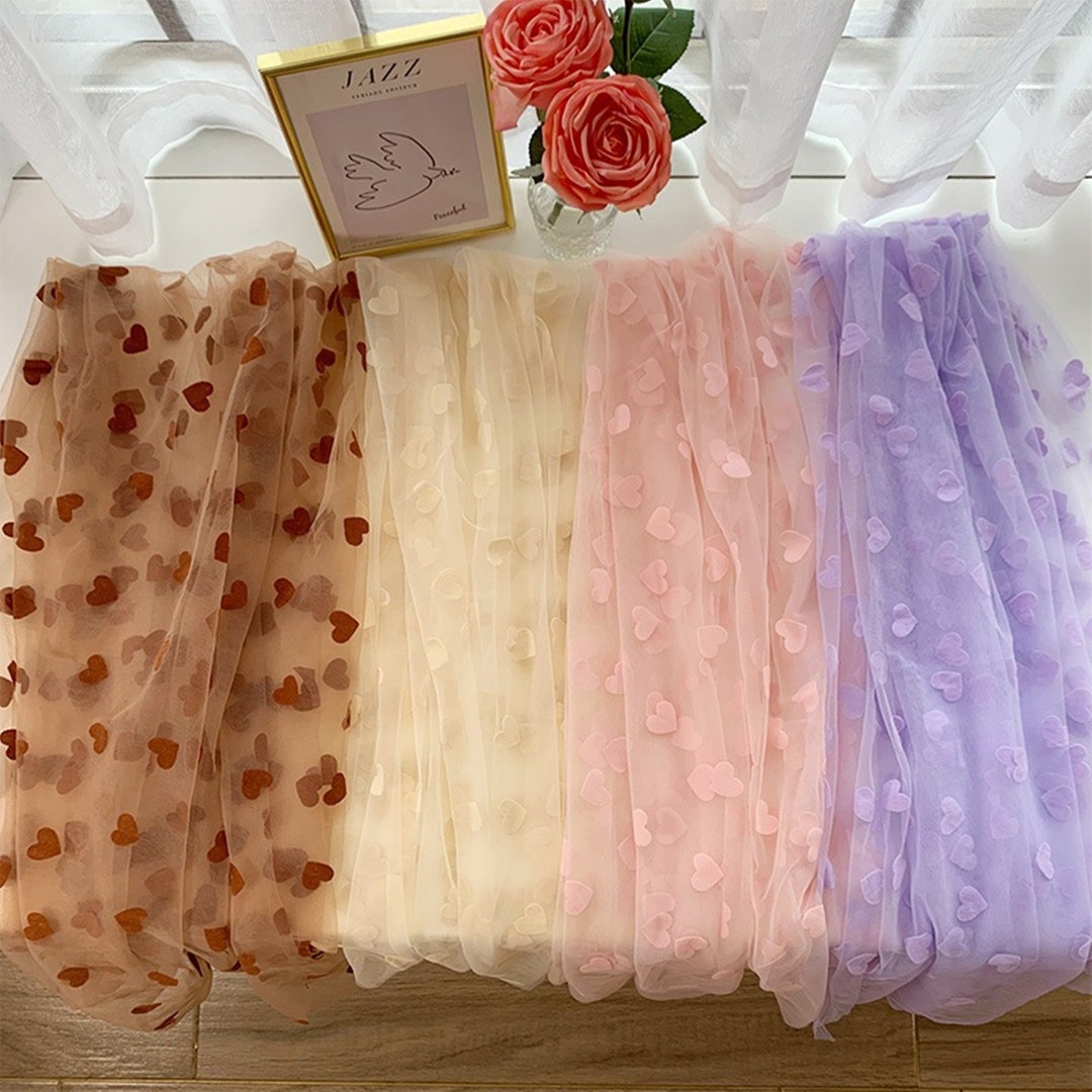 4 Colors Sweet Heart Lace Fabric Soft Tulle Heart Flocking Flocked ...