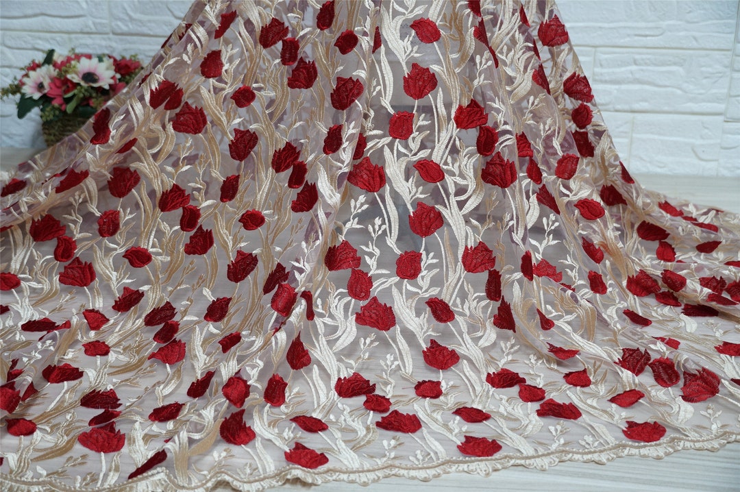 Romantic Red Rose Flowers Embroidery Lace Fabric, Light Pink Tulle ...