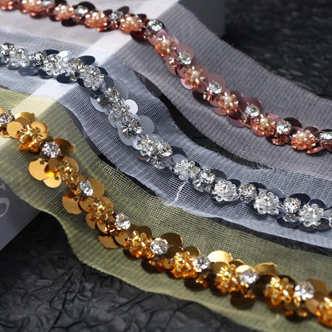 Shinny Rhinestone Beaded Trim, Embroidery Mesh Sequins Trim for Gown ...