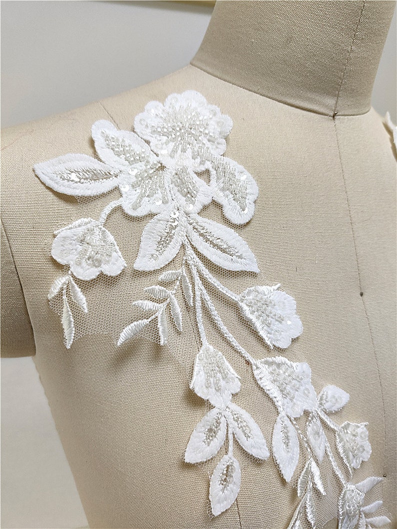 White Flower Embroidery Lace Applique, Sequined Beads Lace Leaf Floral ...