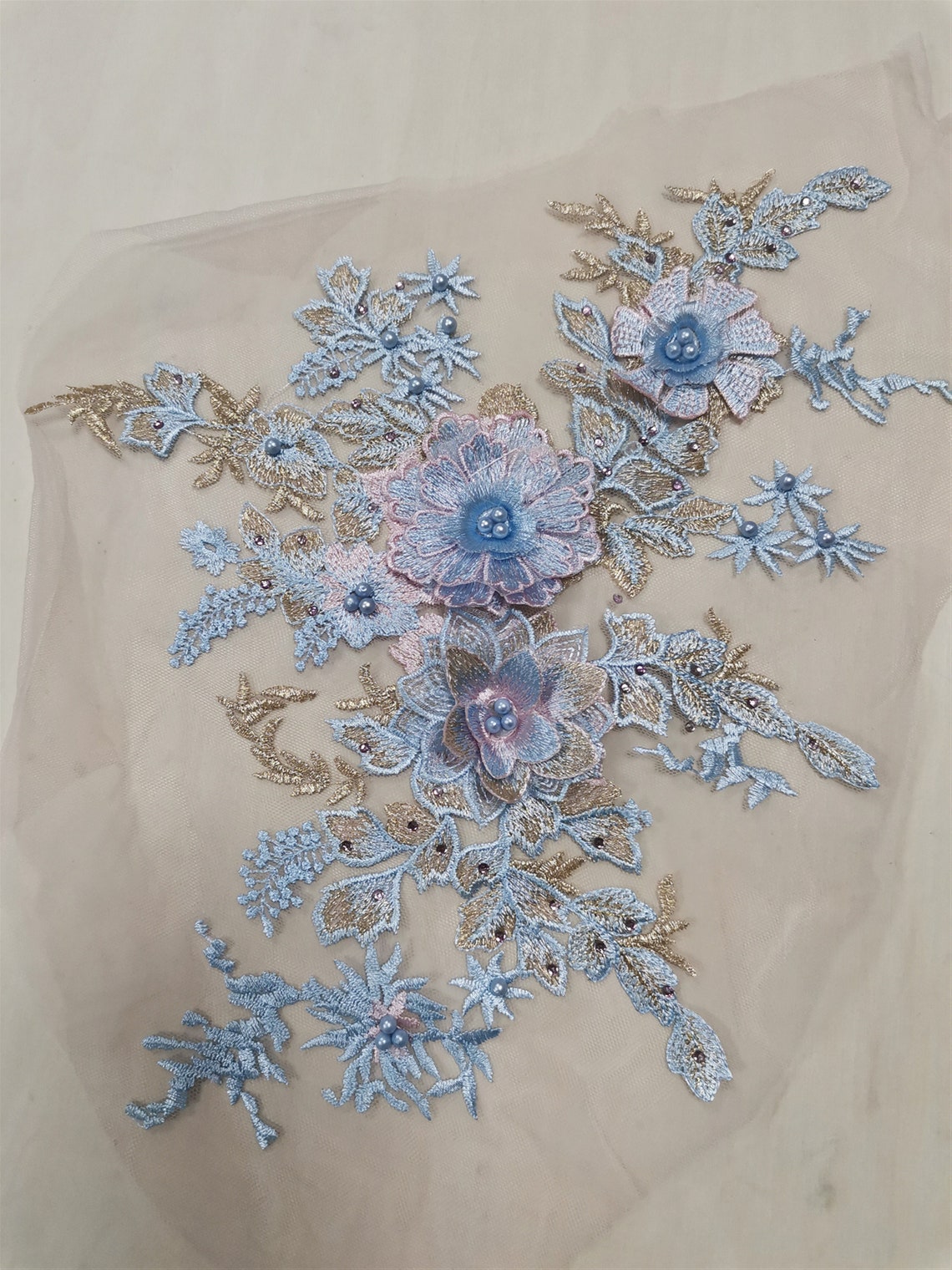 Blue & Gold 3D Applique Multi-layers Flowers Beaded Applique | Etsy