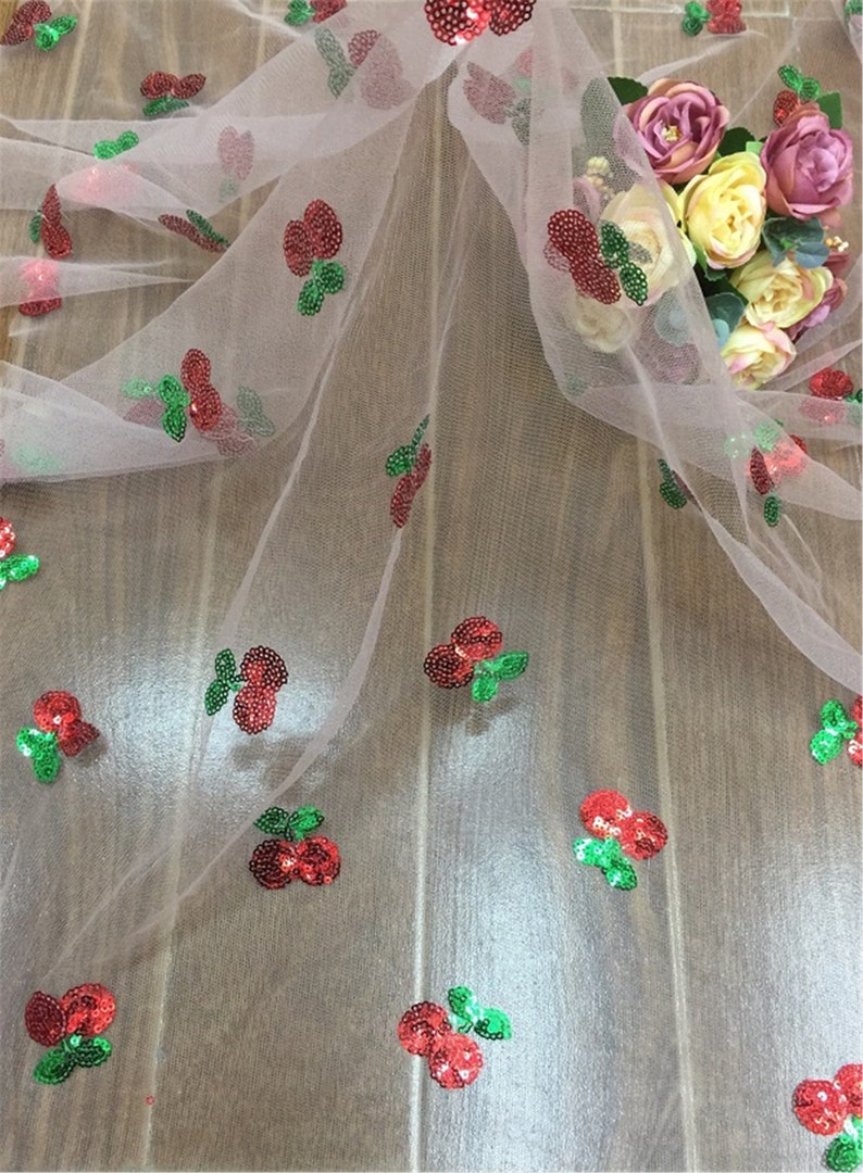 Cute Cherry Lace Fabric Sequins Lace Fabric Sequins Cherry | Etsy