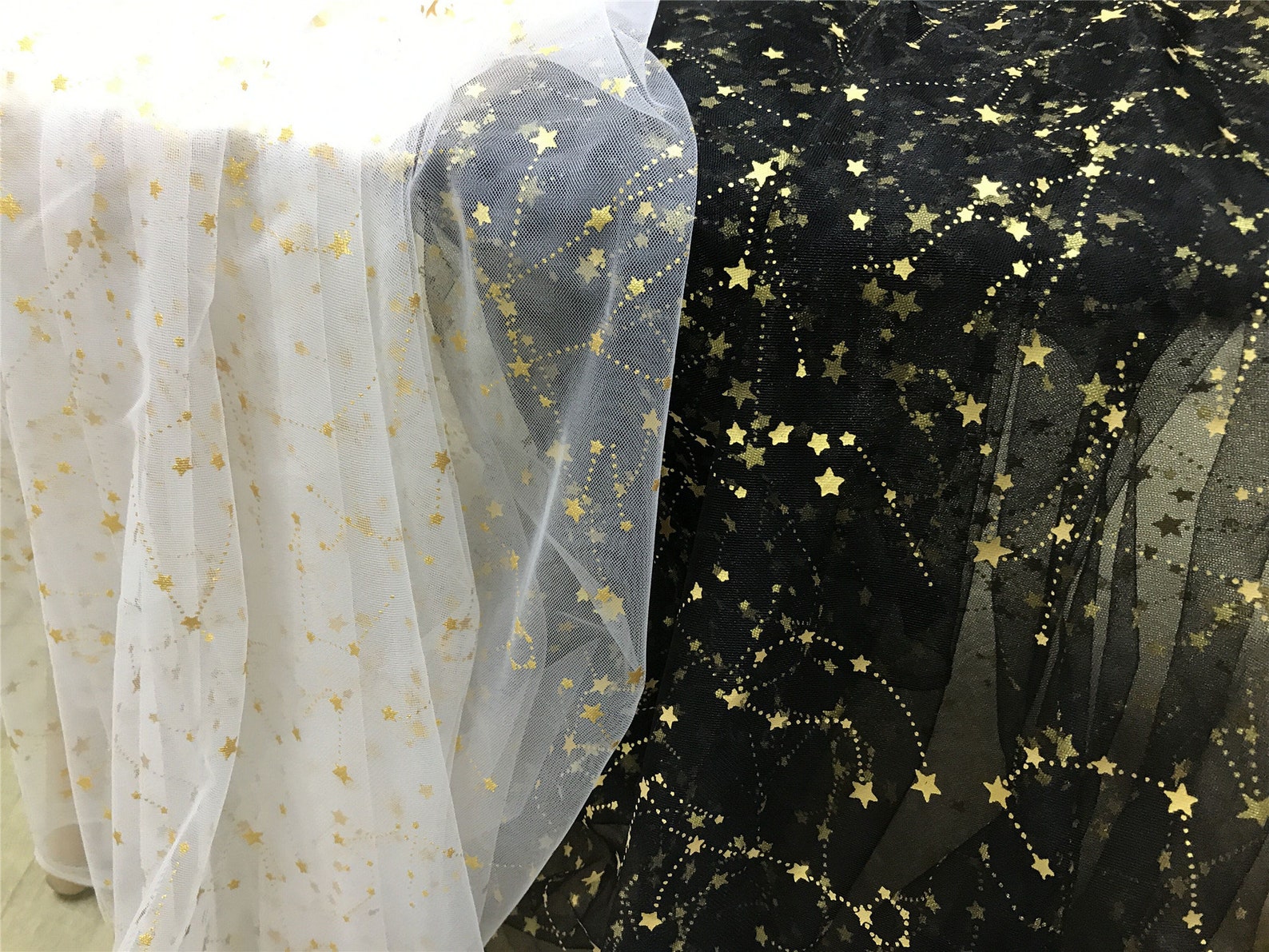 Star Tulle Fabric, Print Gold Star Constellation Tulle Mesh Lace Fabric ...