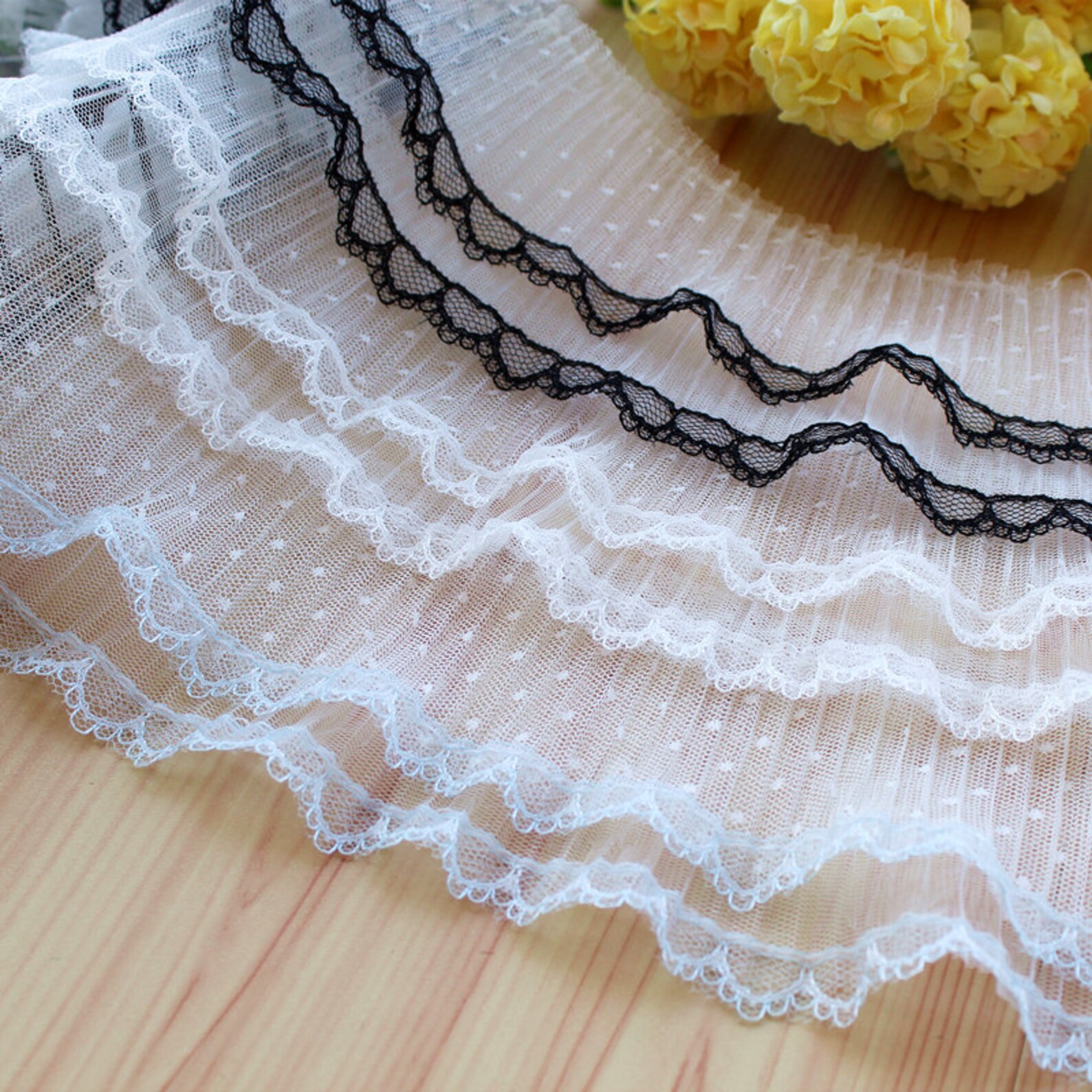 2 Yards Ruffle Lace Trim, Cute Polka Dots Scalloped Trim for Doll Dress ...