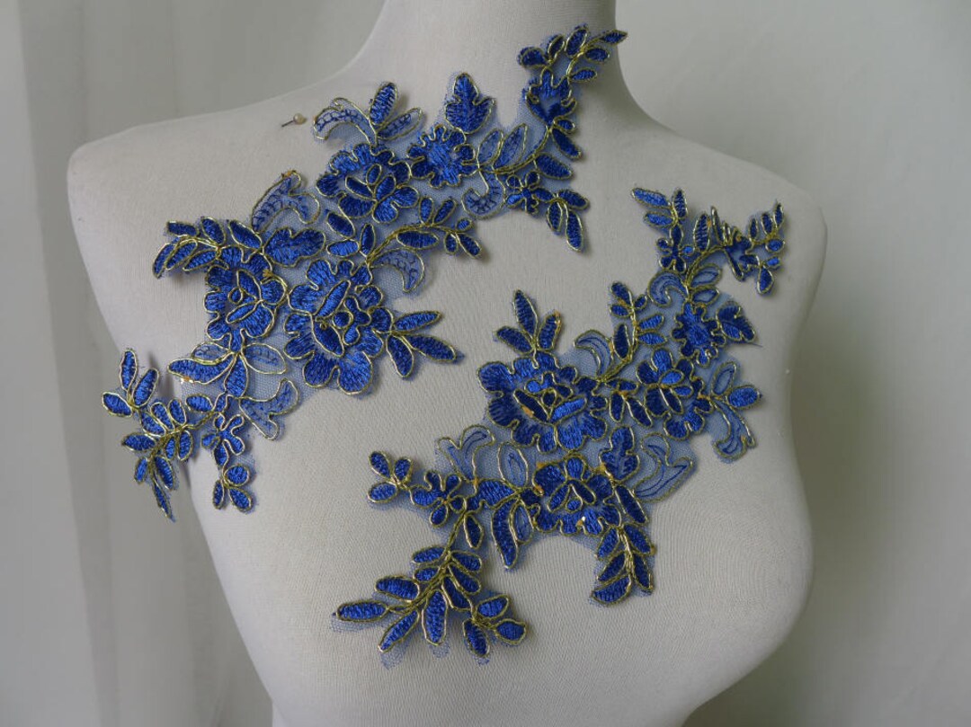Royal Blue Lace Applique, Royal Blue Alencon Lace Applique, Gold Thread ...