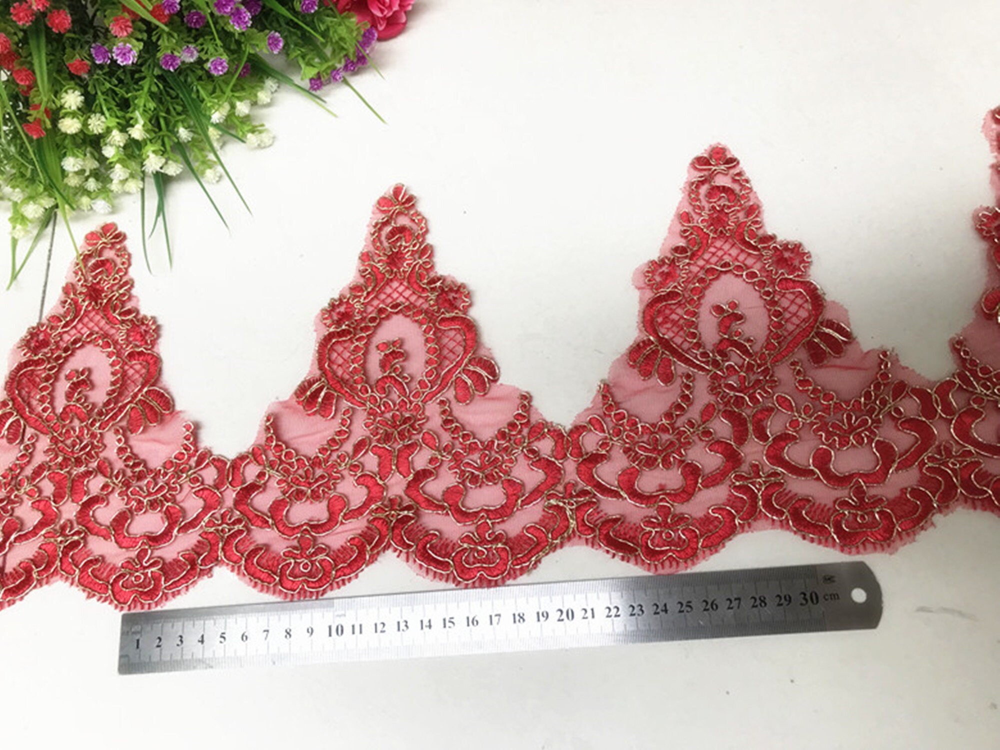 Red Gold Alencon Lace Trim Red Lace Trim with Gold Thread | Etsy