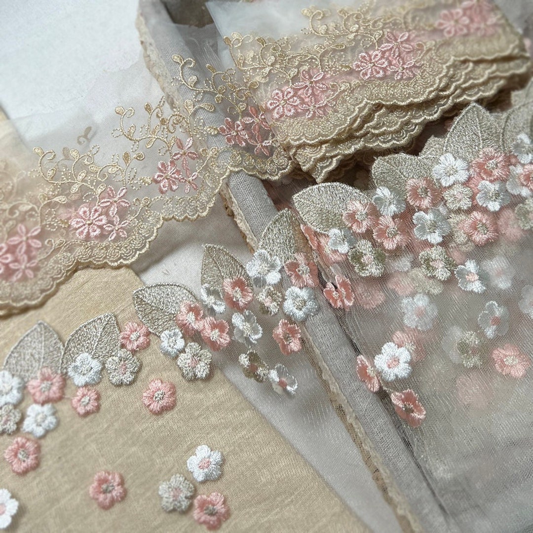 Lovely Flower Embroidery Tulle Trim, Pink Floral Tulle Lace Trim for ...