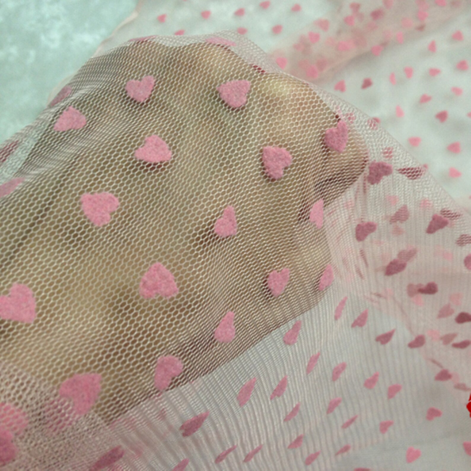 Illusion Tulle Sweet Heart Flocked Flocking Pink Heart Bridal | Etsy