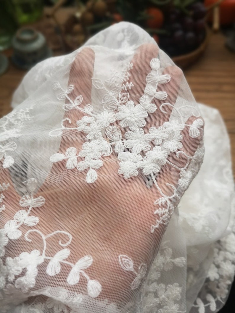 51.2" Wide Tulle Lace Fabric With Exquisite Floral Embroidery, Cotton ...