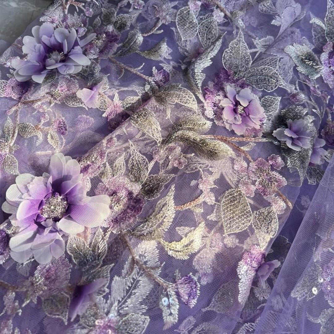Romantic Purple Flower Embroidery Tulle Fabric, Shinny Sequins Beaded ...
